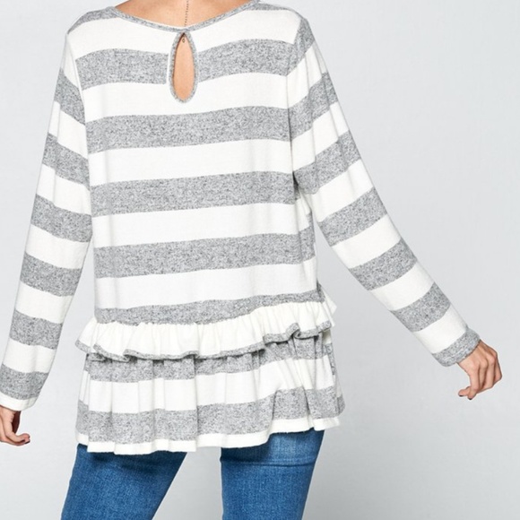 Tops | Gray Longsleeve Striped Ruffled Hem Top | Poshmark